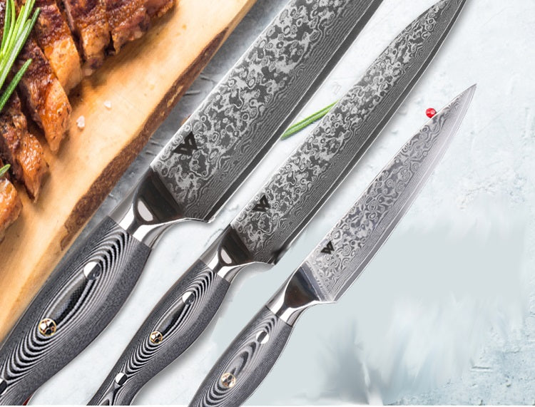 Damaskus Messer-Set 3-tlg. Chef-, Koch-, Allzweckmesser + Wetzstahl ...